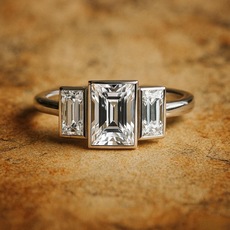 Moissanite Sterling Silver Solitaire Ring, Rectangle Shape Triple Stone ...