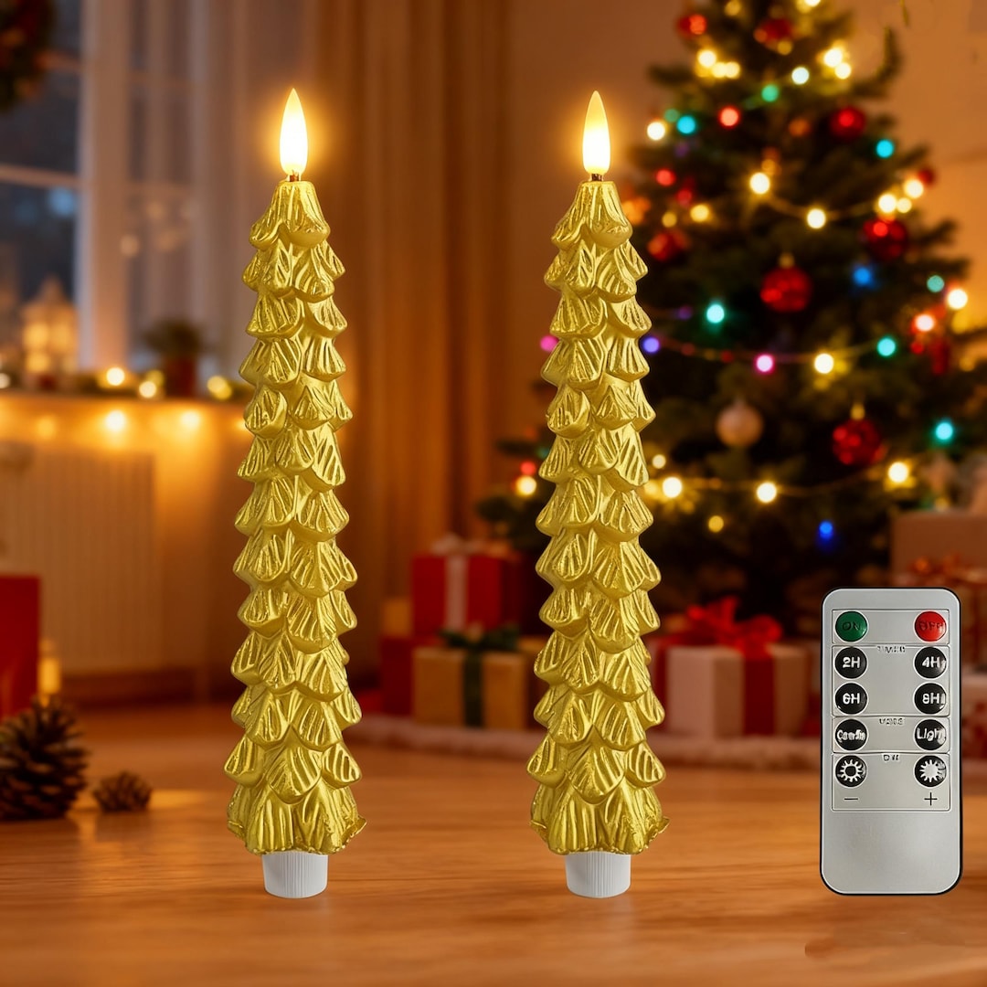 Gold Christmas Tree LED Taper Candles Set of 2 With Remote, Holiday ...