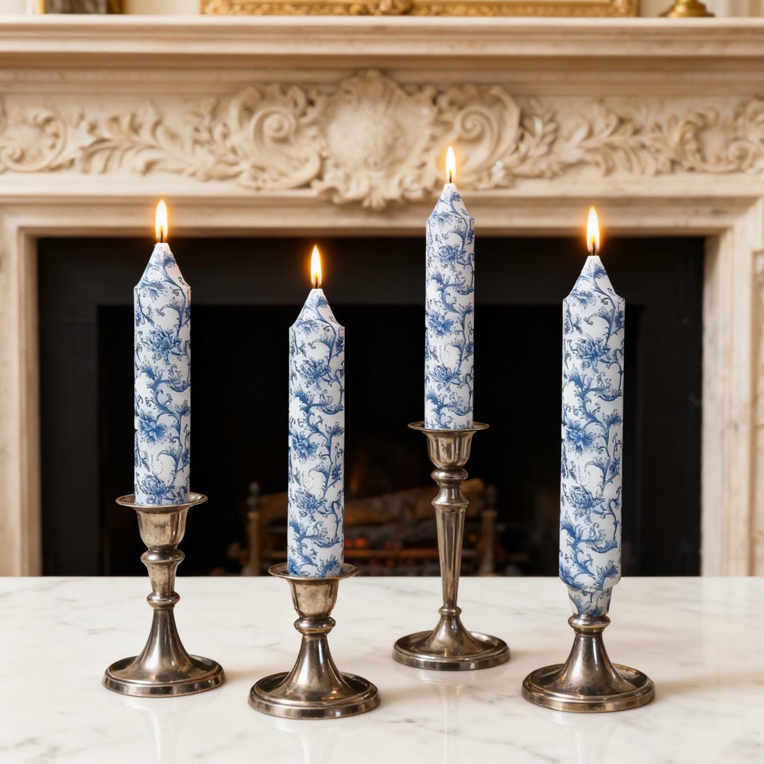 Blue Floral Water Transfer Unscented Taper Candles Set of 4, 7 Inch for ...