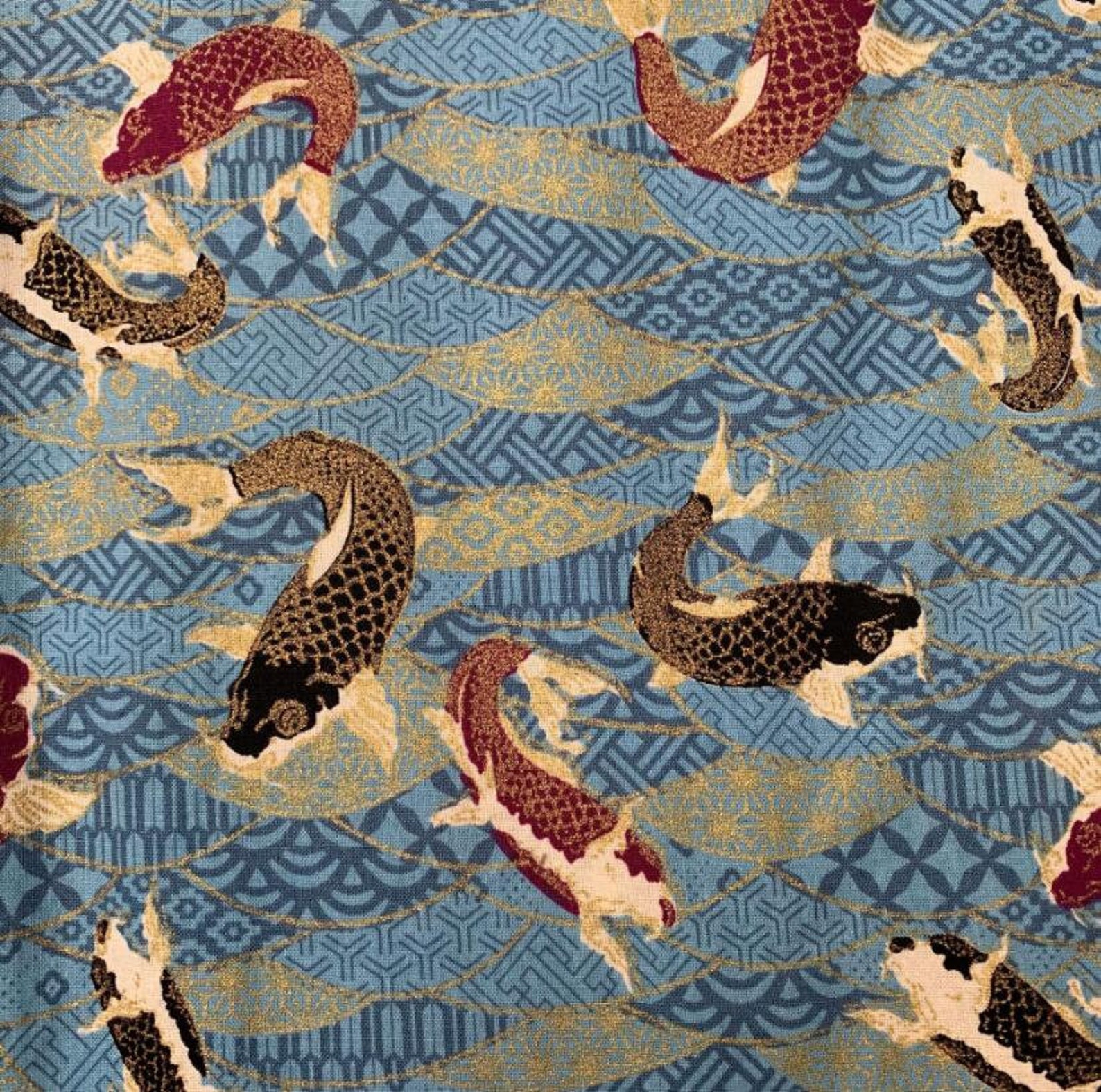 Janpanese Koi Fish Cotton Fabricgolden Stamped Cotton - Etsy Denmark