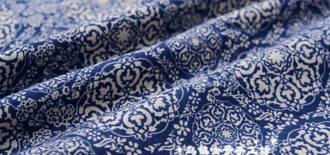 Blue and White Porcelain Cotton Flax Fabric: Chinese Phoenix Sunflower ...