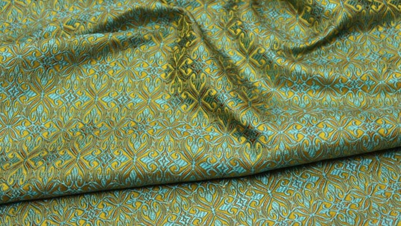 Retro Brocade Fabric: Bohemian Floral Jacquard Tapestry, Blue Polyester ...