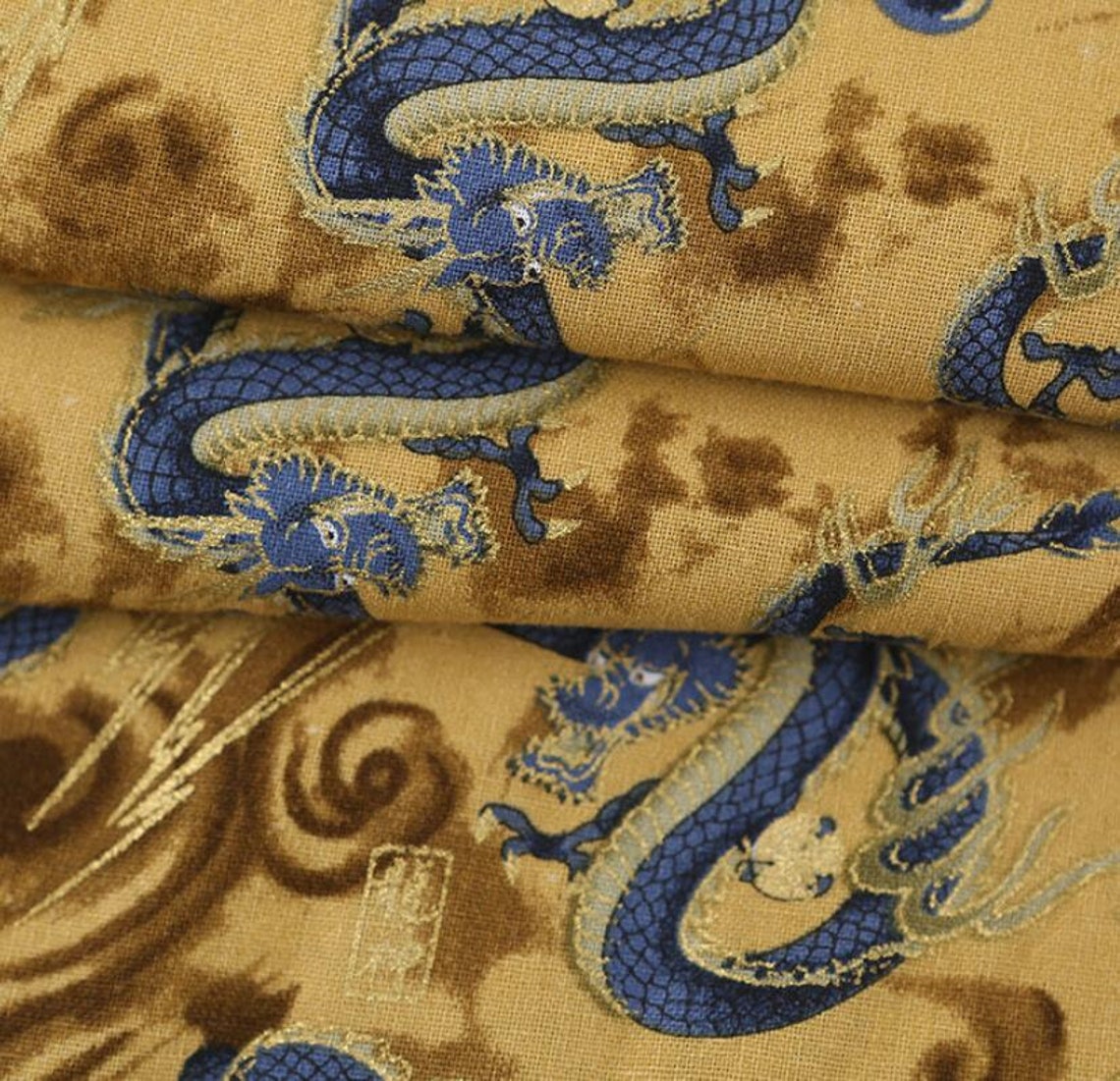 Japanese Dragon Cotton Fabric: Golden Stamped Kimono Cloth (59" Width ...