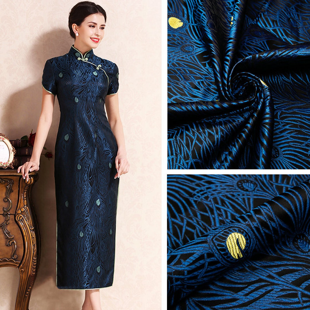 59"width Chinese Folk Blue Peacock Feather Tibet Pattern Could Dragon ...