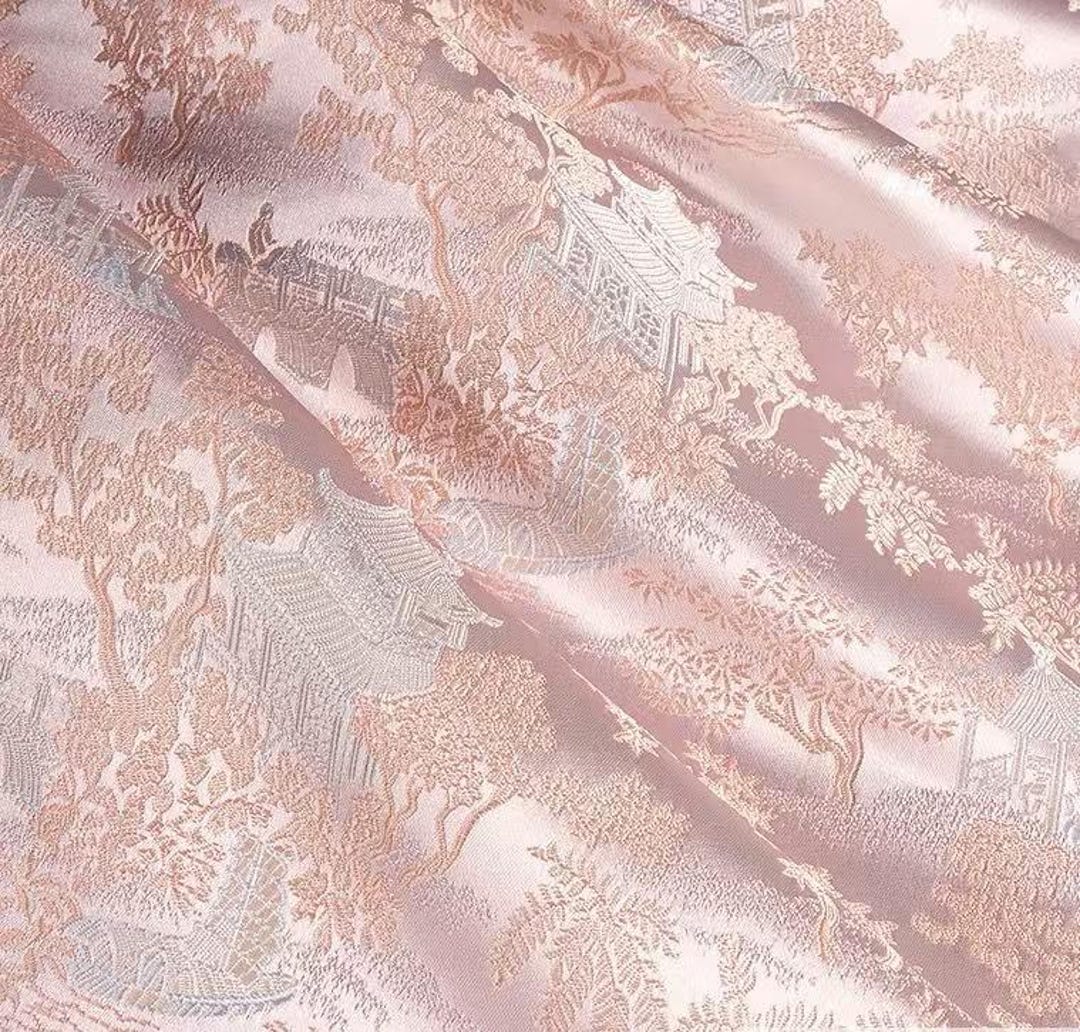 Chinese Landscape Jacquard Brocade Fabric: Tree Bridge Design - Sold by ...