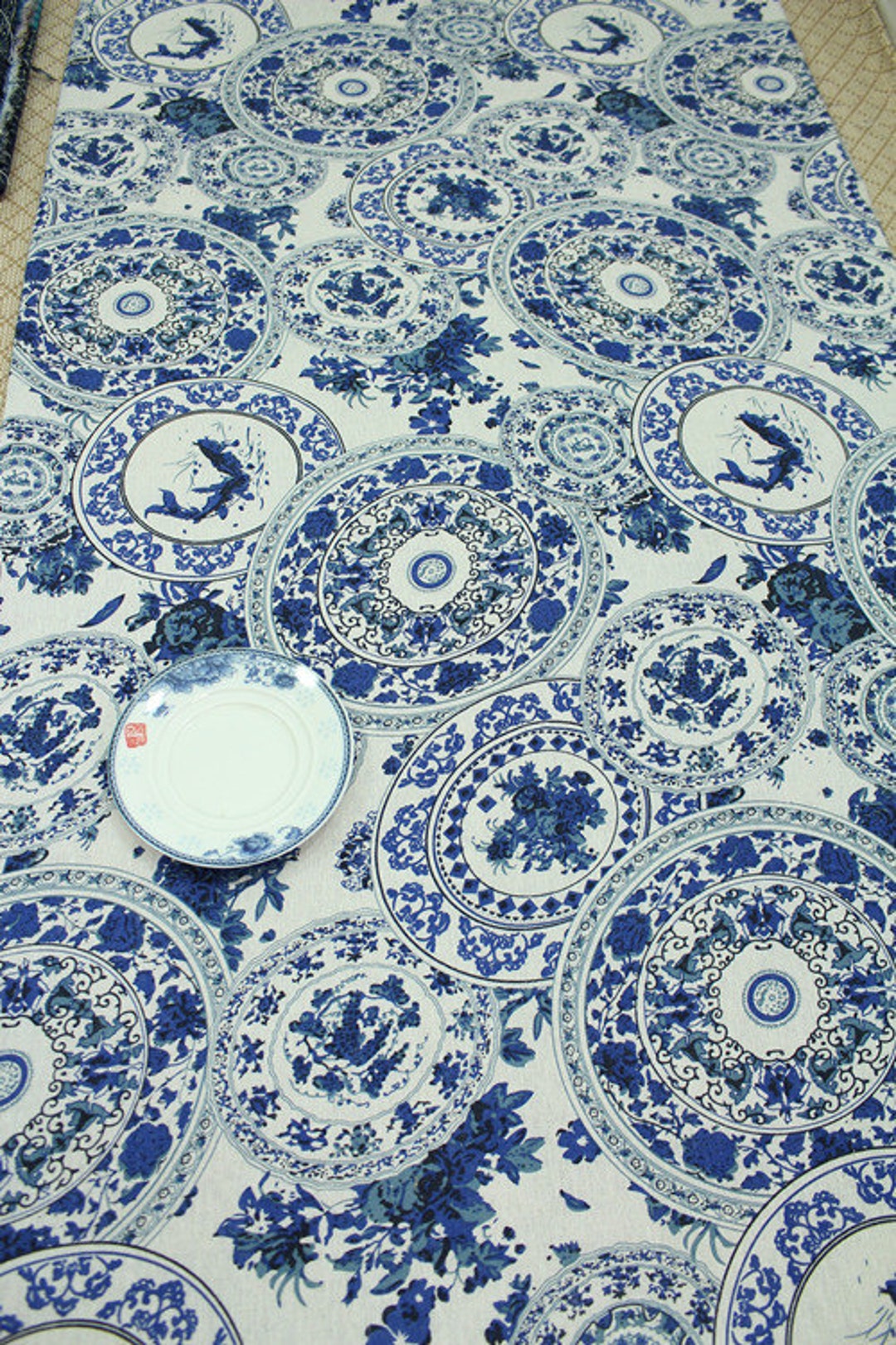 Blue White Chinese Porcelain Plates Floral Cotton Linen Fabric - 0.5 ...