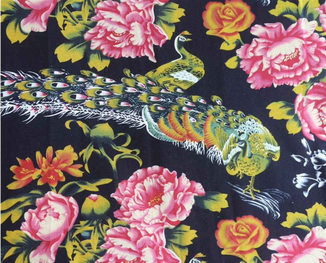 Linen Fabric.chinese Folk Northeast Style Peacock and Pink Peony Cotton ...