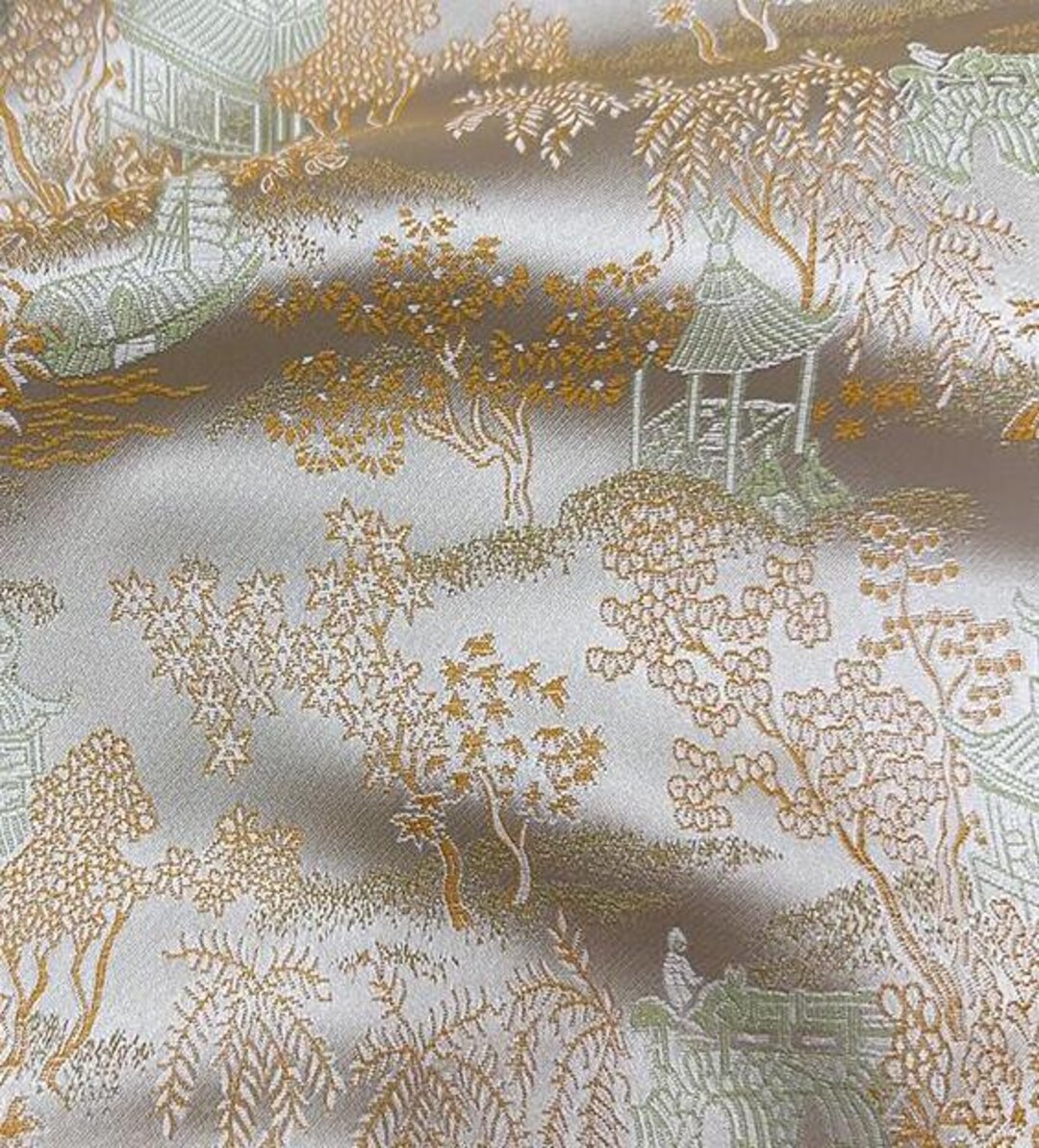 Chinese Landscape Jacquard Brocade Fabric: Tree Bridge Design - Sold by ...