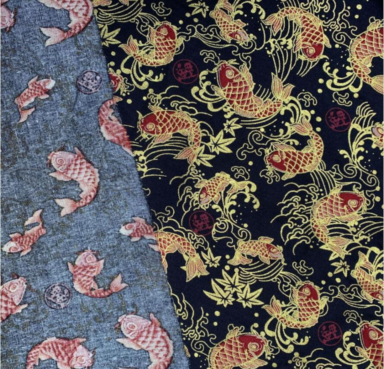 Janpanese Koi Fish Cotton FabricGolden Stamped Cotton | Etsy