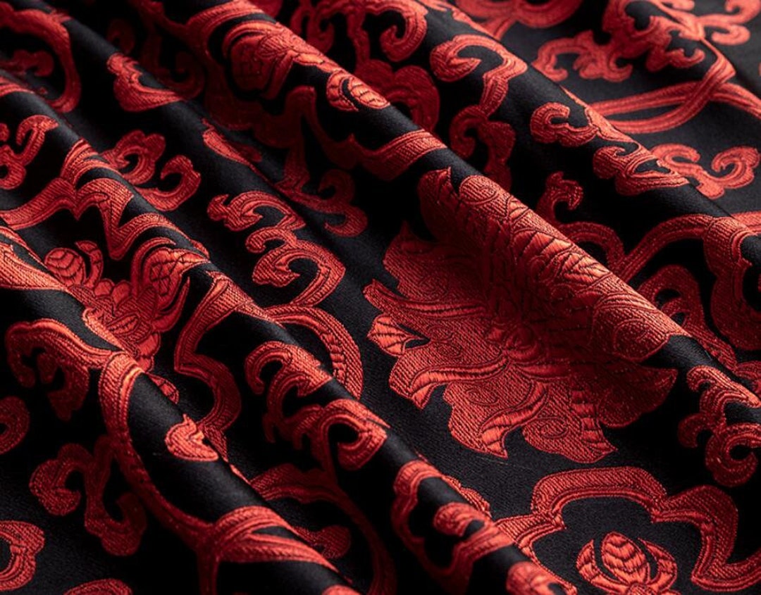 Red & Black Brocade Fabric: Chinese Retro Jacquard Cloth, Sold by the ...