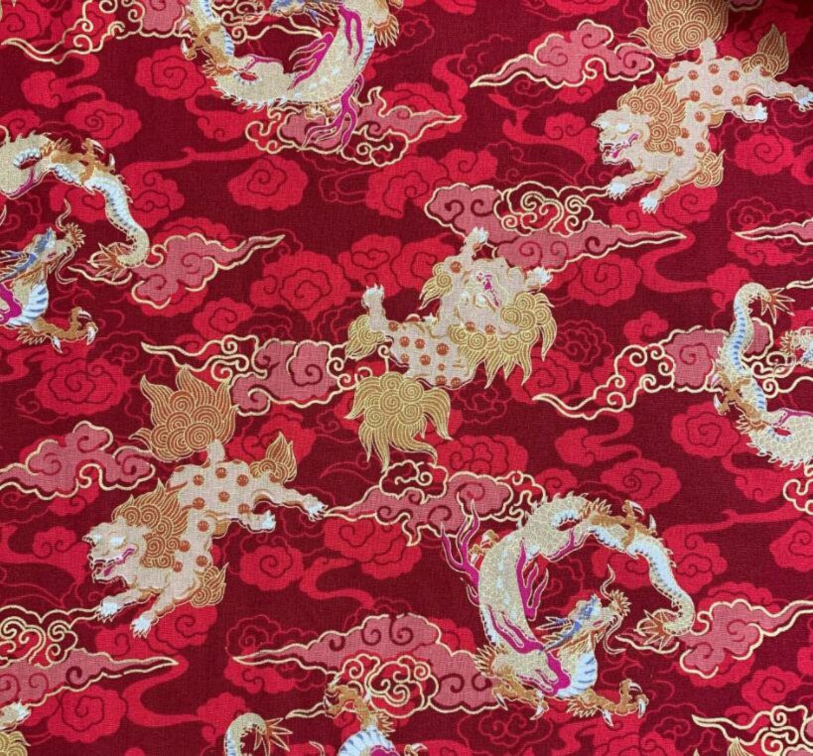 Japanese Dragon Cotton Fabric: Golden Stamped Kimono Cloth (59" Width ...