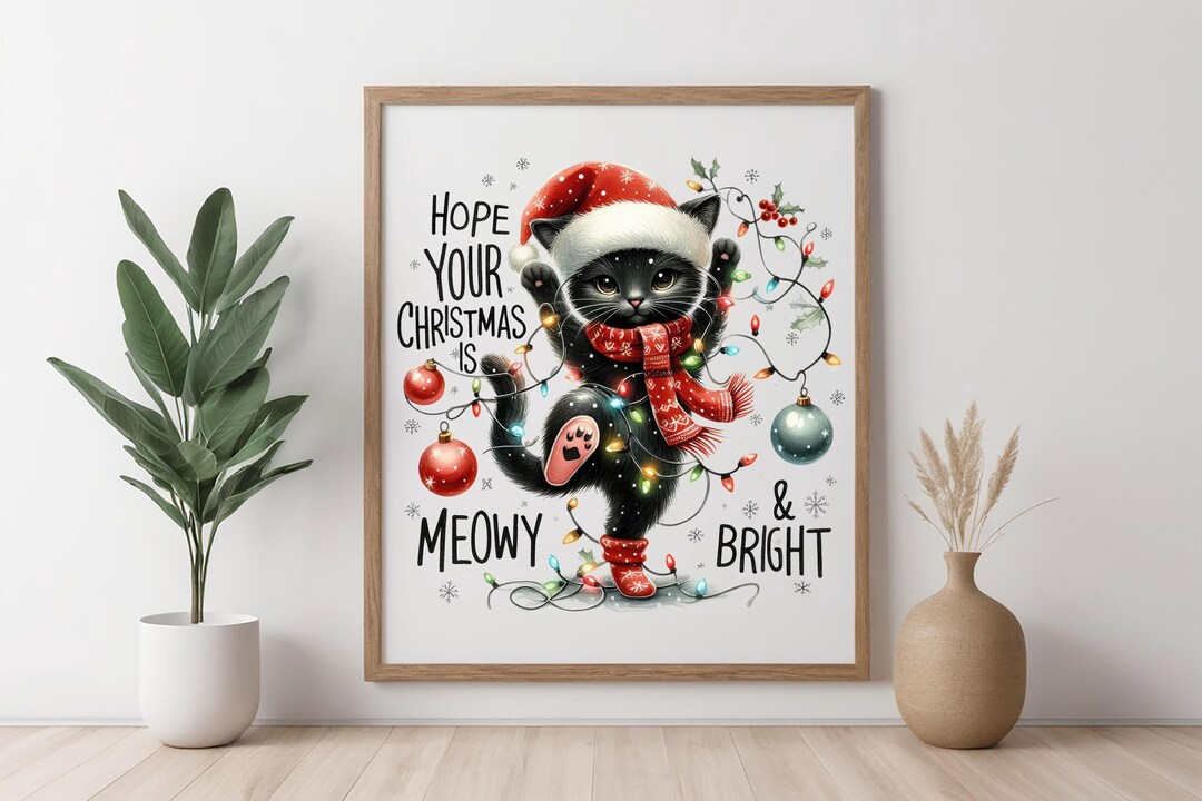 Christmas Cat Art Print: "meowy & Bright" Holiday Decor (digital ...