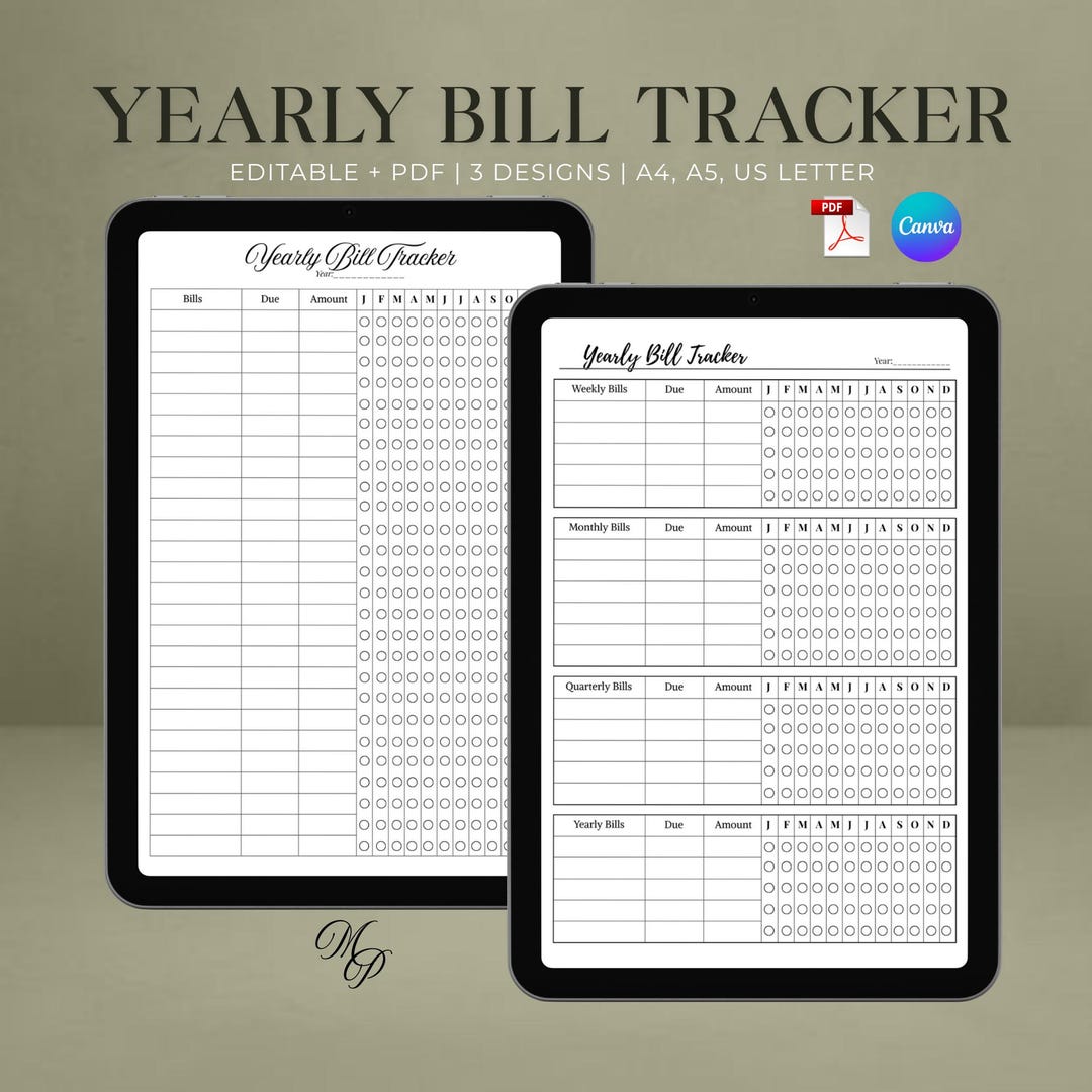 Yearly Bill Tracker Printable | Annual Expense Organizer, Monthly Bills ...