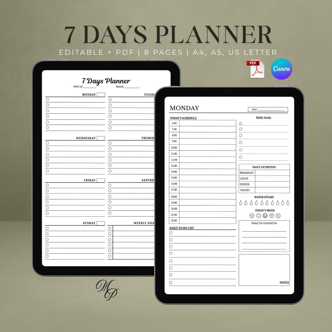 7 Day Planner Printable | Weekly Daily Planner, Flexible Undated Layout ...