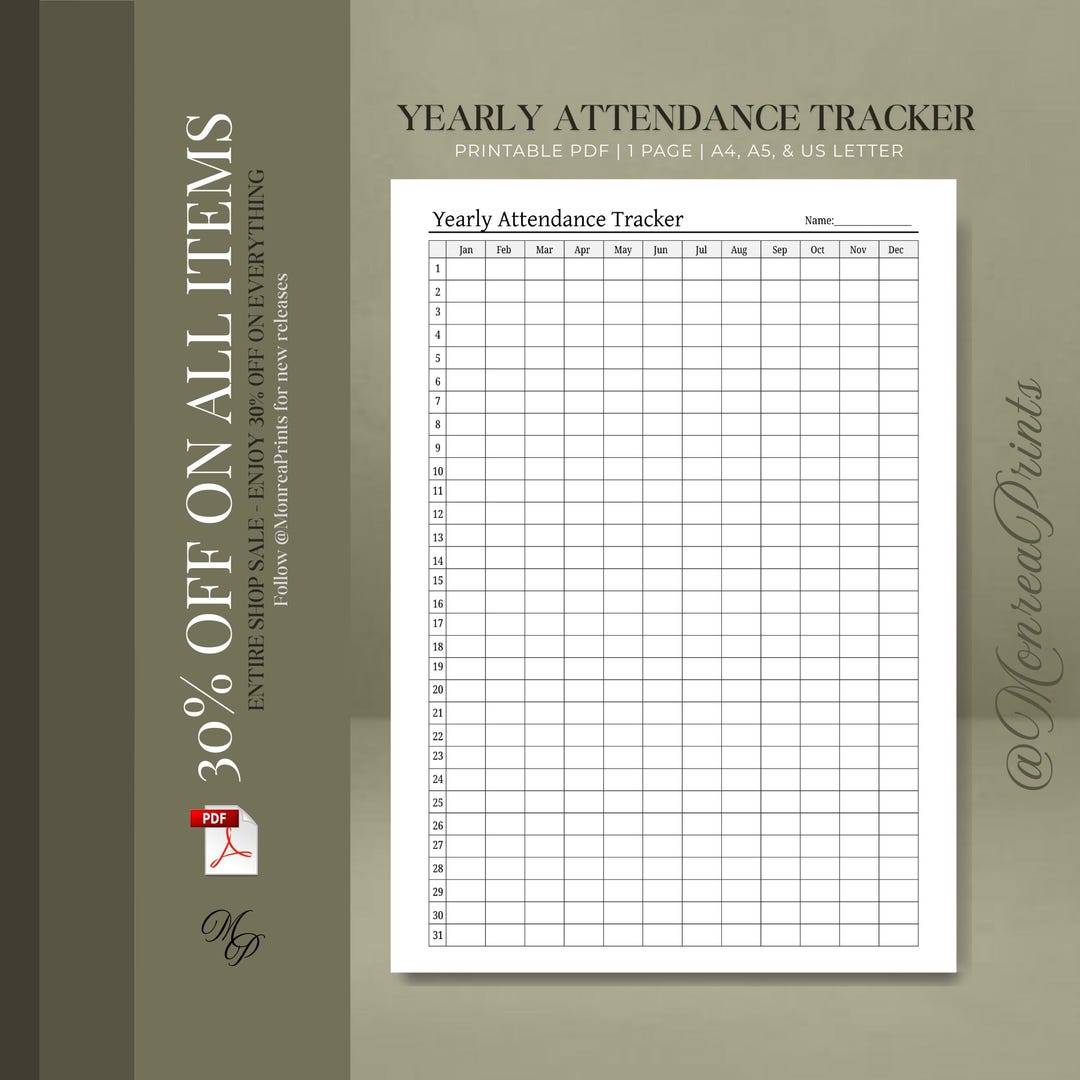 Yearly Attendance Tracker Printable | Employee & Student Attendance Log ...