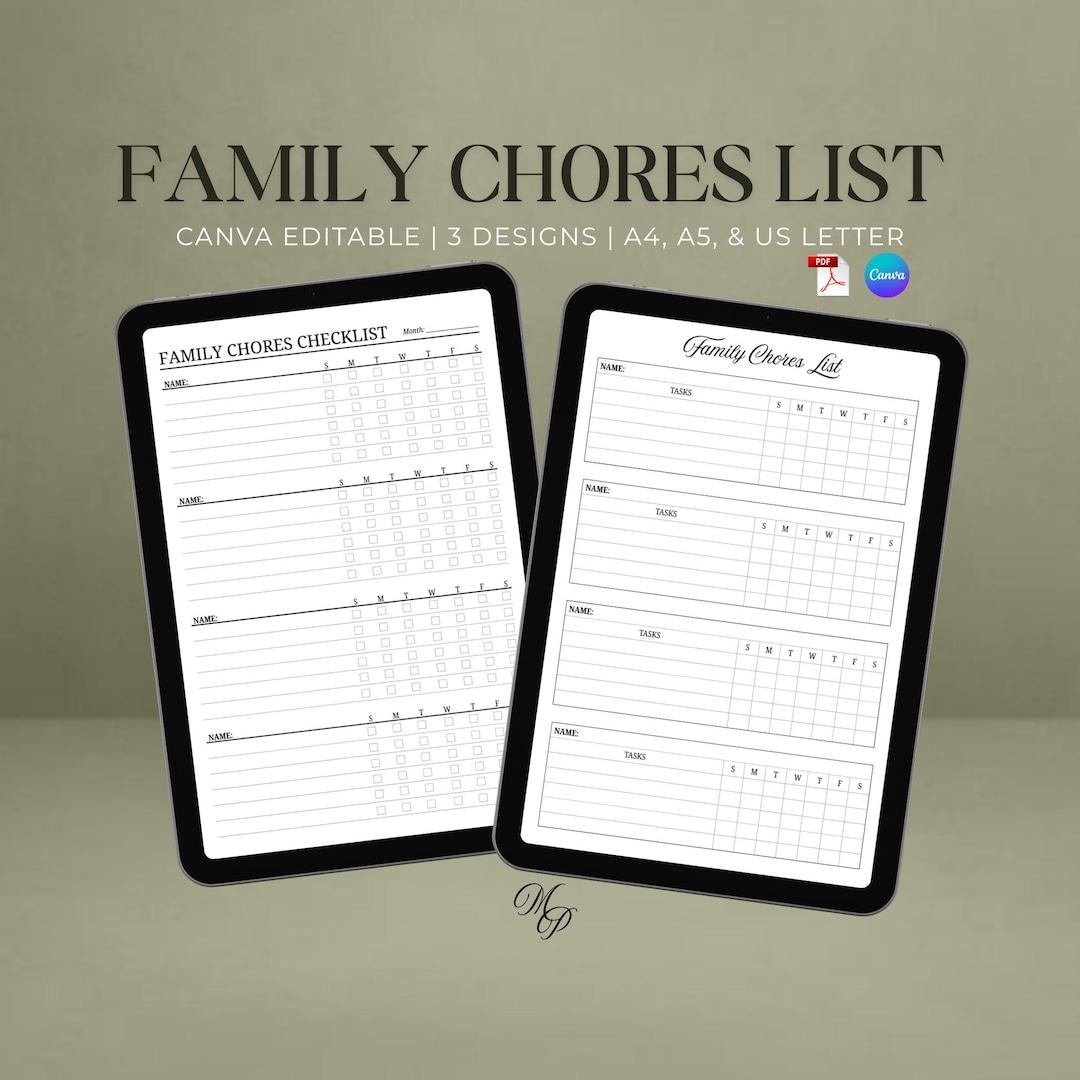 Family Chores List Printable | Weekly Chore Chart PDF, Household Task ...