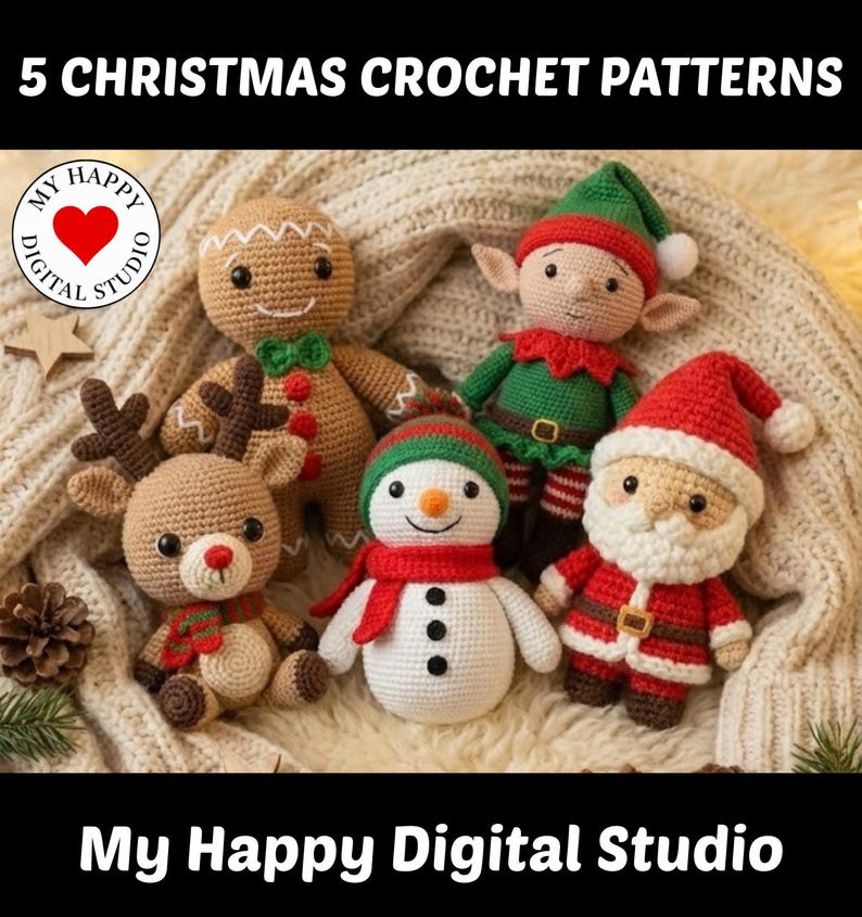 5 Christmas Amigurumi Crochet Pattern Bundle | Santa, Elf, Snowman ...