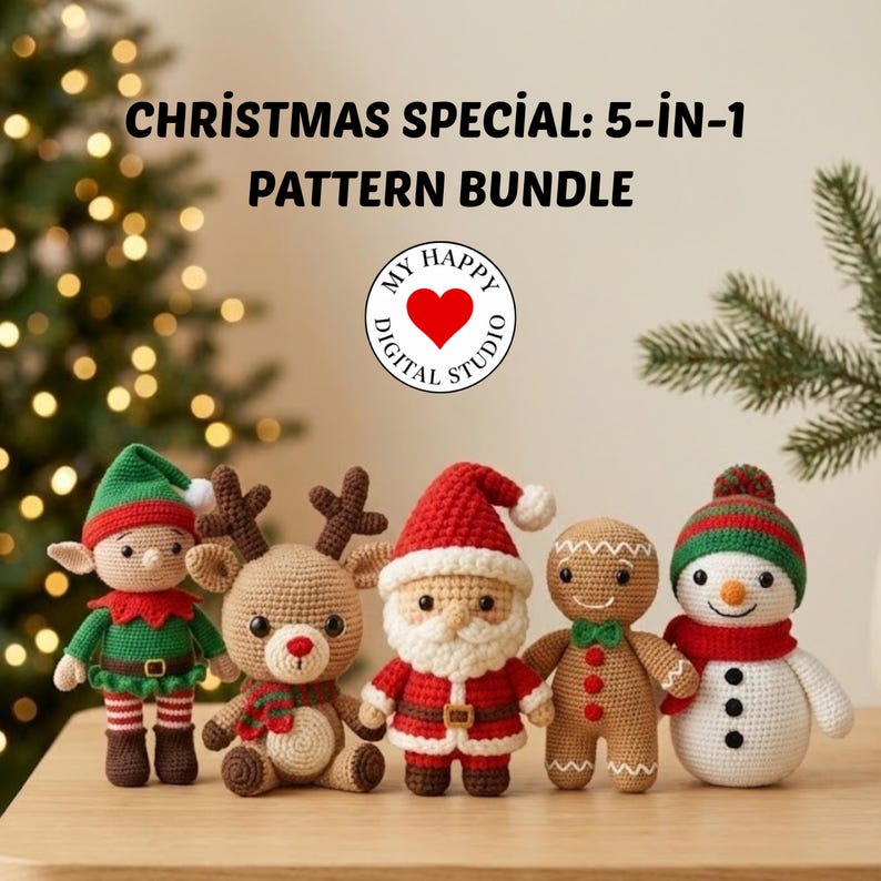 5 Christmas Amigurumi Crochet Pattern Bundle | Santa, Elf, Snowman ...