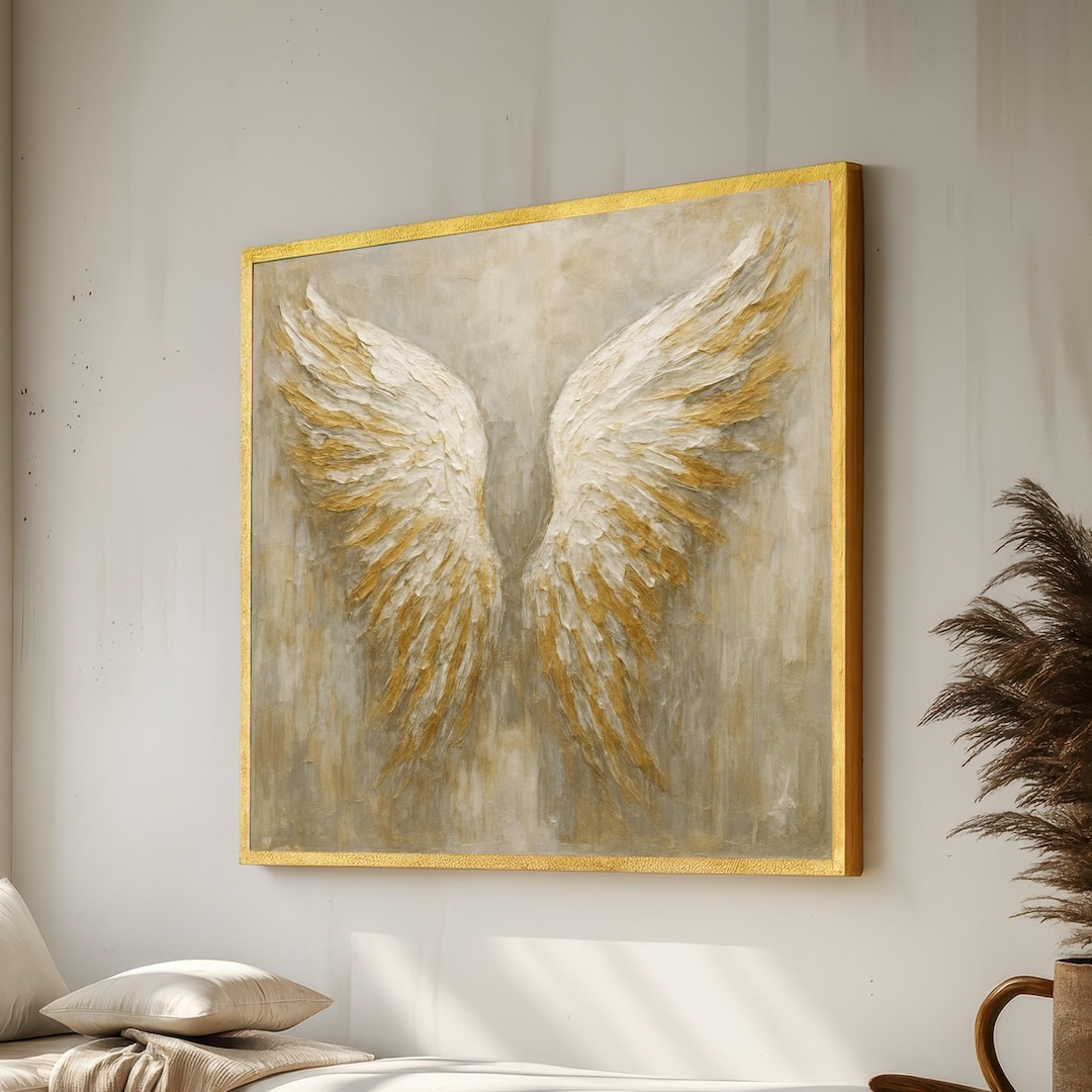 Golden Angel Wings Canvas, Feather Wall Art, Spiritual Home Decor ...