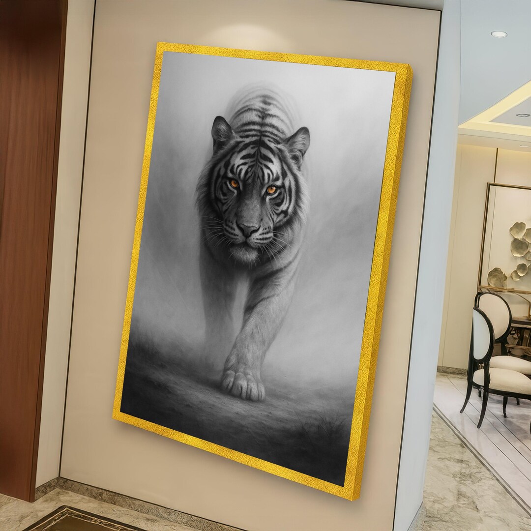 Majestic Tiger Stroll Canvas, Black and White Wildlife Wall Art, Fierce ...