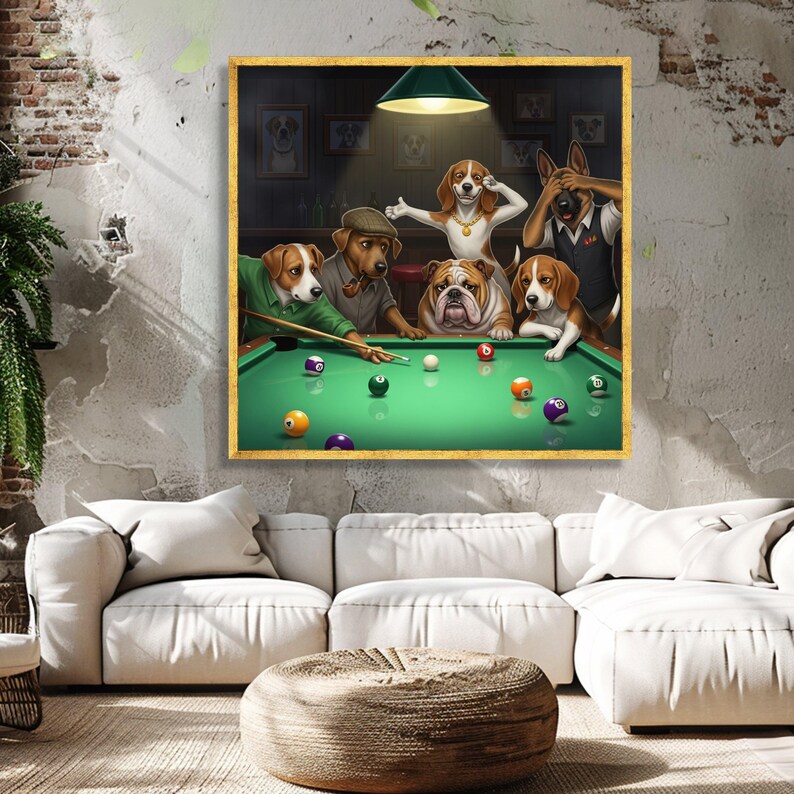 Playful Dogs Playing Pool, Funny Billiards Canvas Art, Animal Wall ...