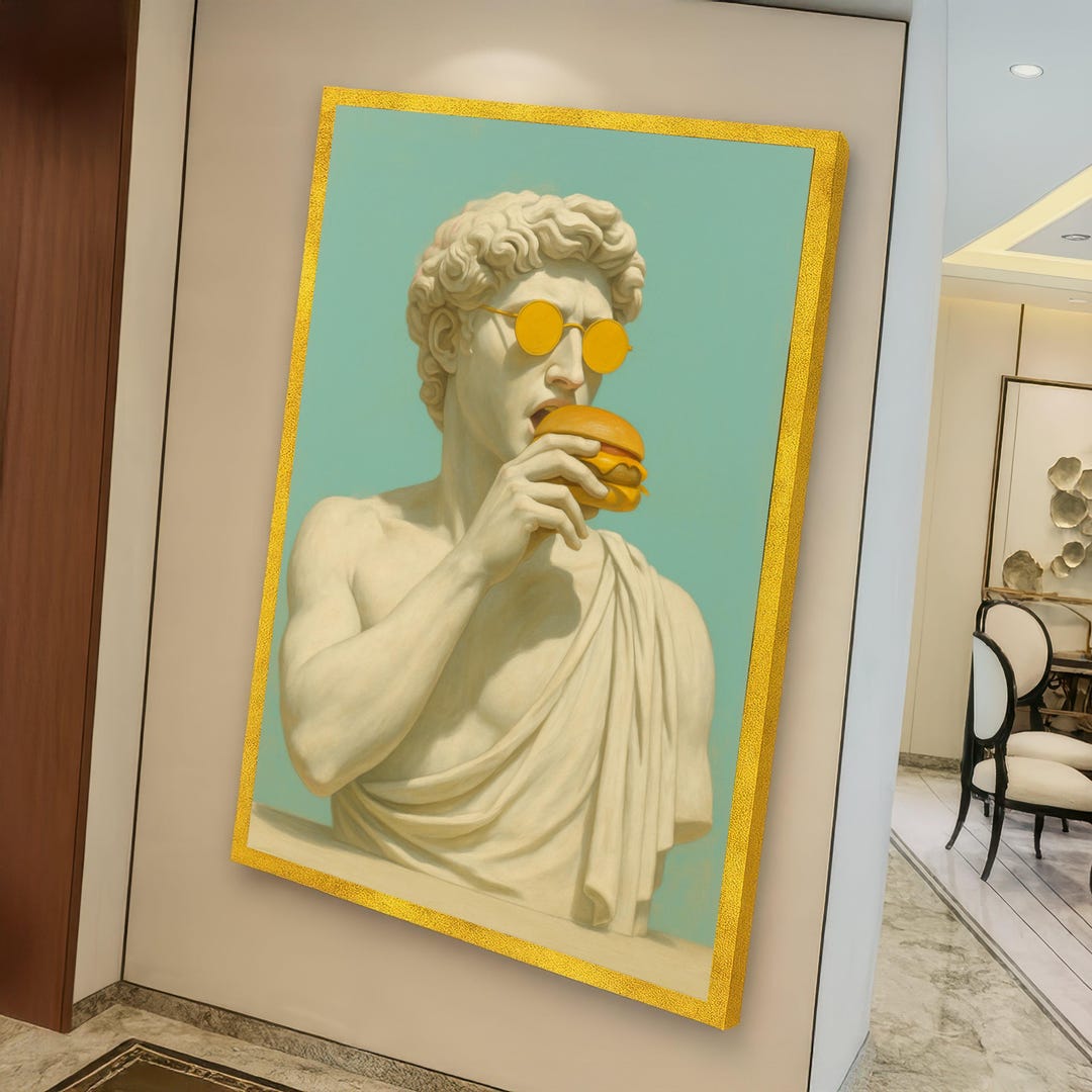 Modern Roman Bust With Sunglasses Eating Burger Canvas, Contemporary ...