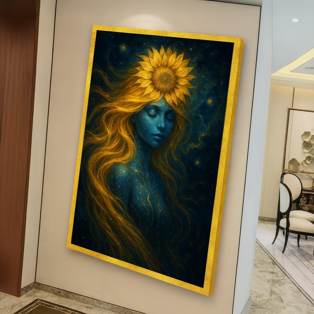 Cosmic Muse With Sunflower Crown, Ethereal Female Portrait Canvas ...