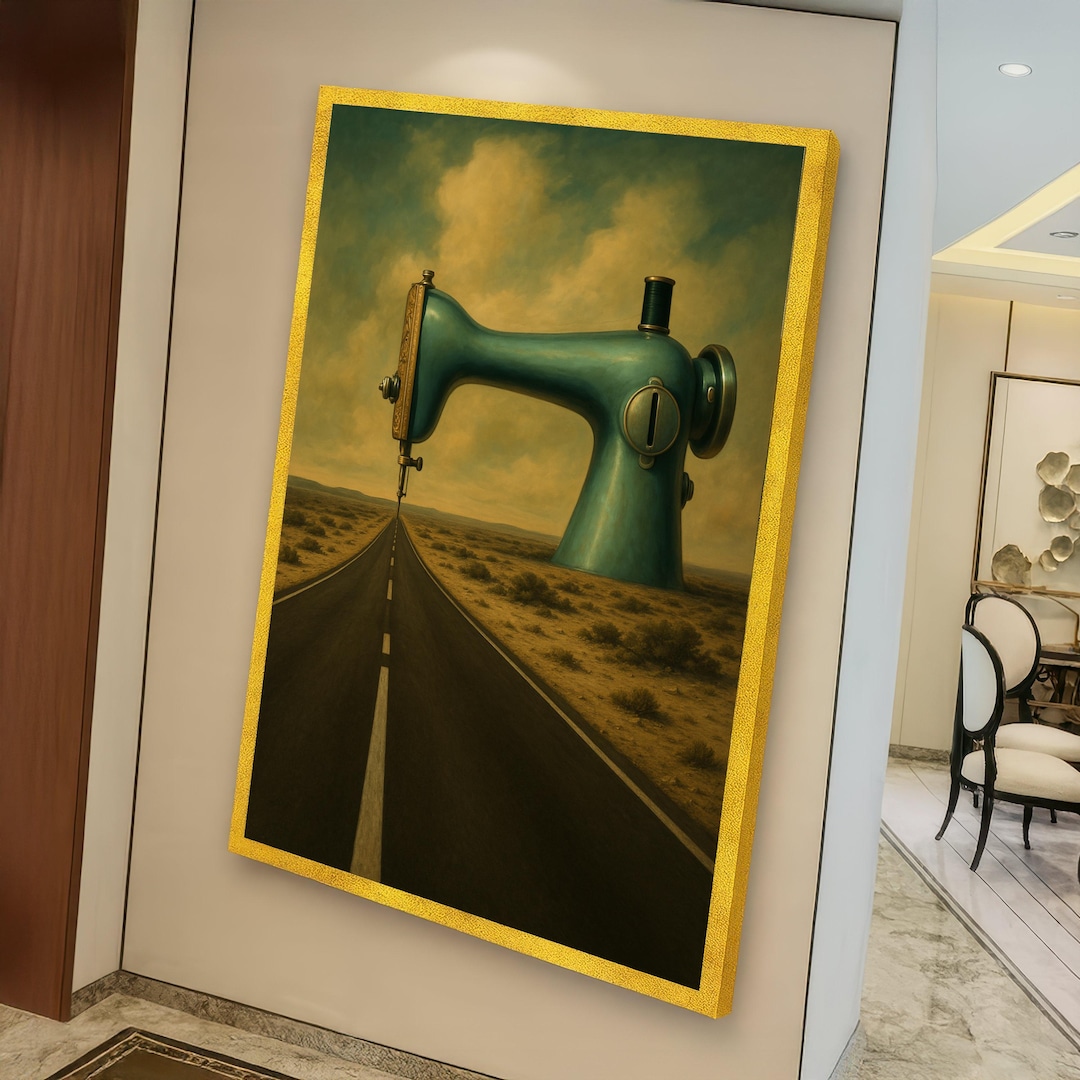 Surreal Sewing Machine Road Canvas, Desert Landscape Wall Art, Vintage ...