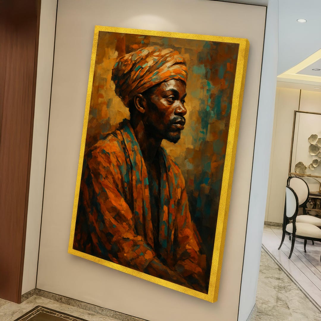 Reflective African Man Portrait, Orange Turban Canvas Wall Art, Ethnic ...