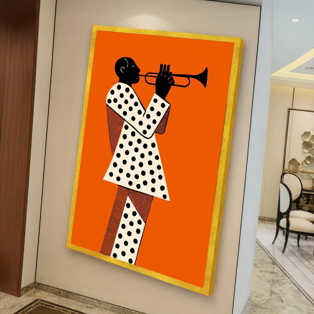 Modern Jazz Musician Canvas, Polka Dot Pattern Art, Trumpet Player Wall ...