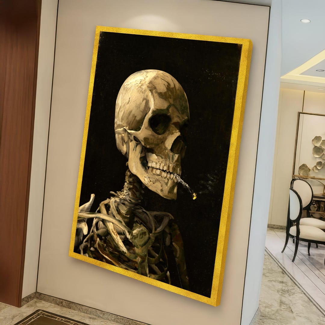 Vintage Vanitas Skeleton Smoking Canvas, Baroque Still Life Art, Dark ...