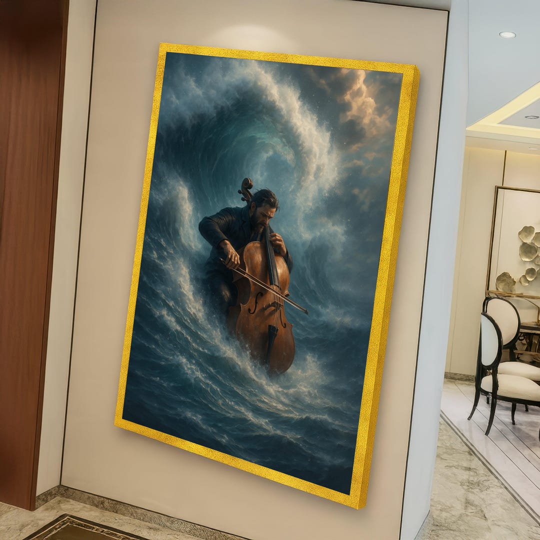 Man Playing Cello in Ocean Waves, Musical Storm Canvas, Surreal Water ...