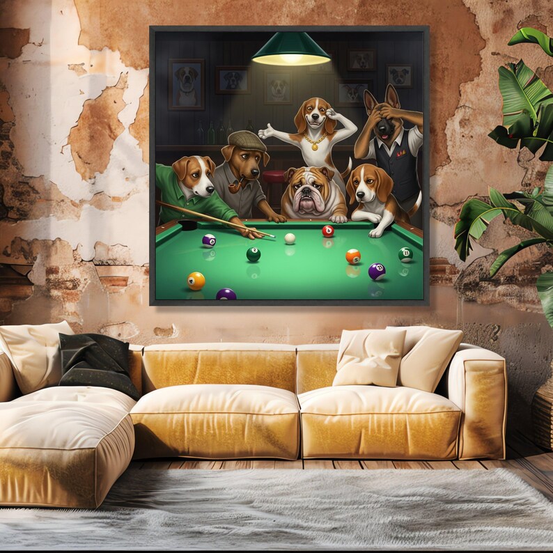 Playful Dogs Playing Pool, Funny Billiards Canvas Art, Animal Wall ...