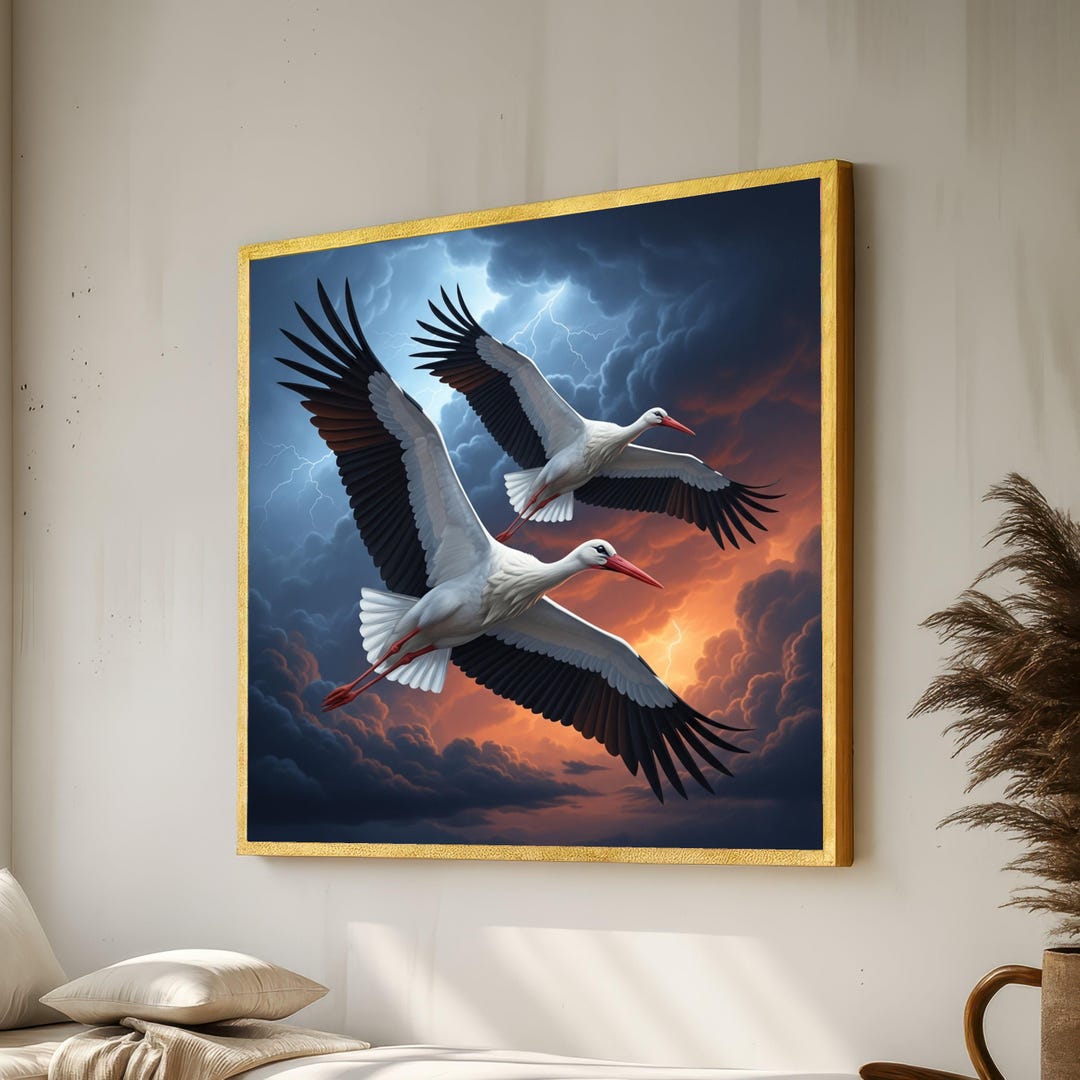 Majestic Storks in Flight Canvas, Dramatic Storm Sky Wall Art, Bird ...