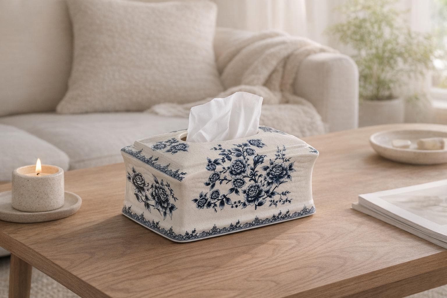 Blue Floral Ceramic Tissue Box Cover, Vintage Porcelain Style Tissue ...