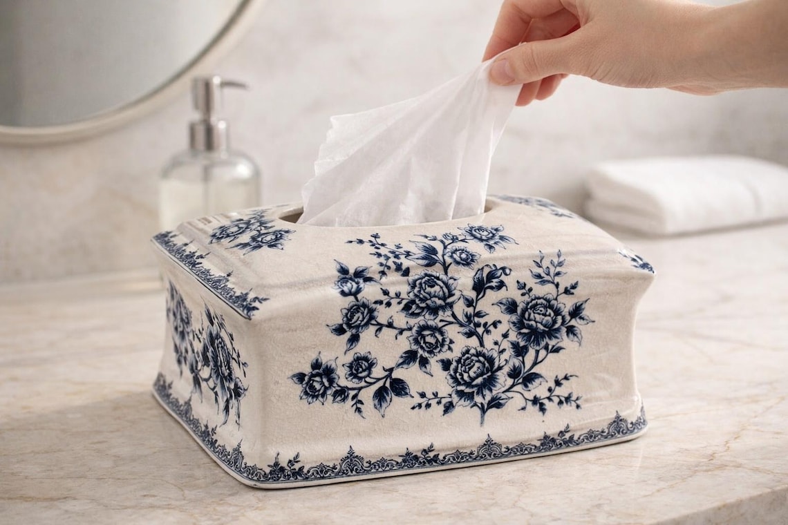 Blue Floral Ceramic Tissue Box Cover, Vintage Porcelain Style Tissue ...