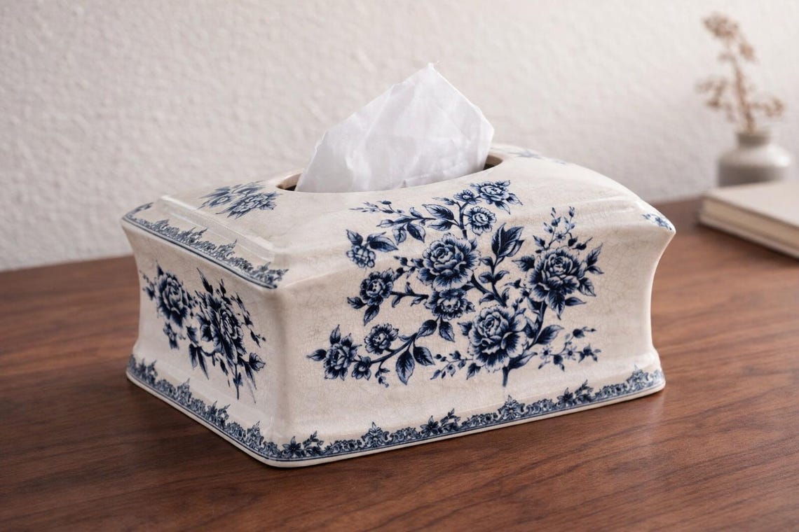 Blue Floral Ceramic Tissue Box Cover, Vintage Porcelain Style Tissue ...