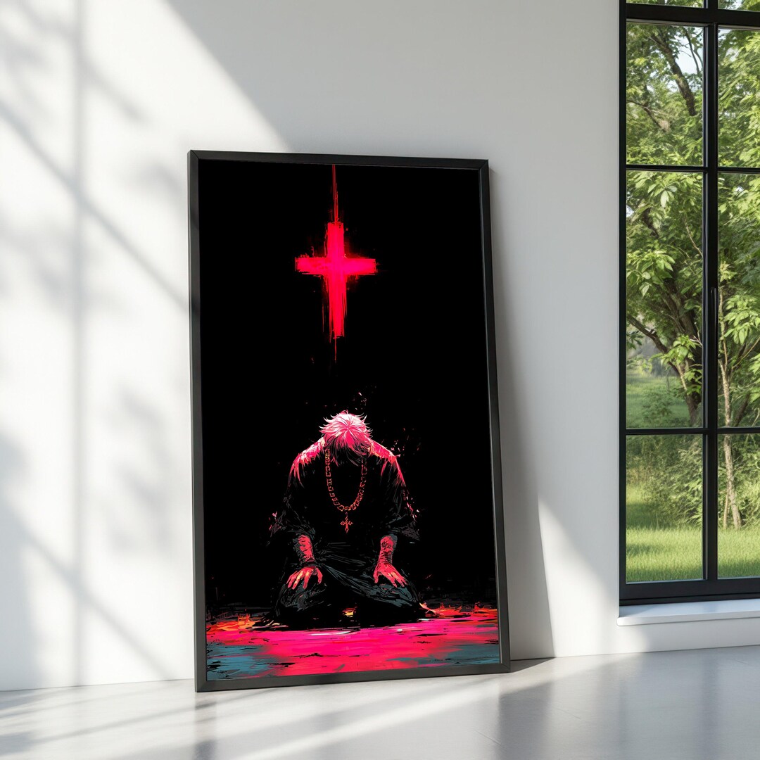 Dark Spiritual Kneeling Figure Canvas Wall Art, Neon Red Cross Painting ...