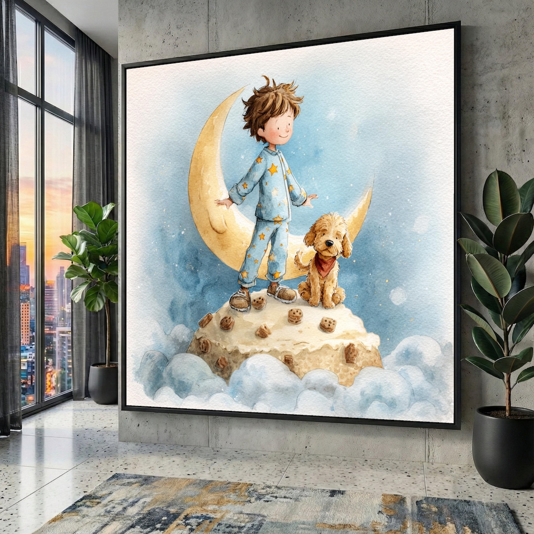 Boy and Puppy on Moon Canvas Print, Kids Nursery Art - Etsy