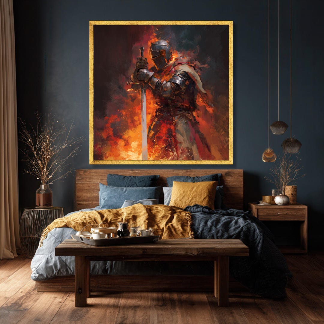 Medieval Knight Canvas, Fiery Battle Scene, Fantasy Armor Wall Art - Etsy