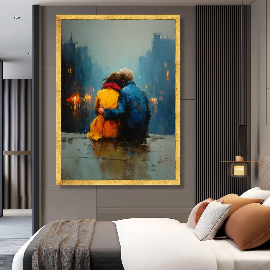 Romantic Embrace Couple Canvas, Urban Nightscape Wall Art, Abstract ...