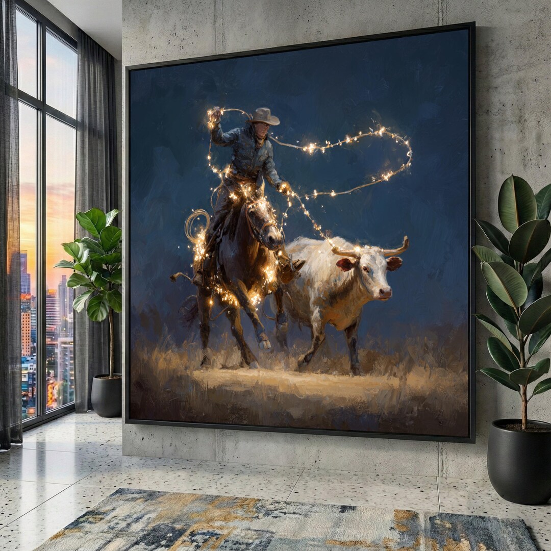 Cowboy With Illuminated Lasso Canvas, Western Rodeo Wall Art - Etsy