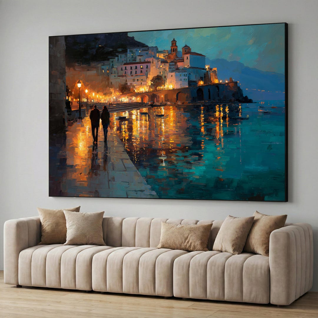 Coastal Town Nightscape Canvas Art, Waterfront Reflections - Etsy