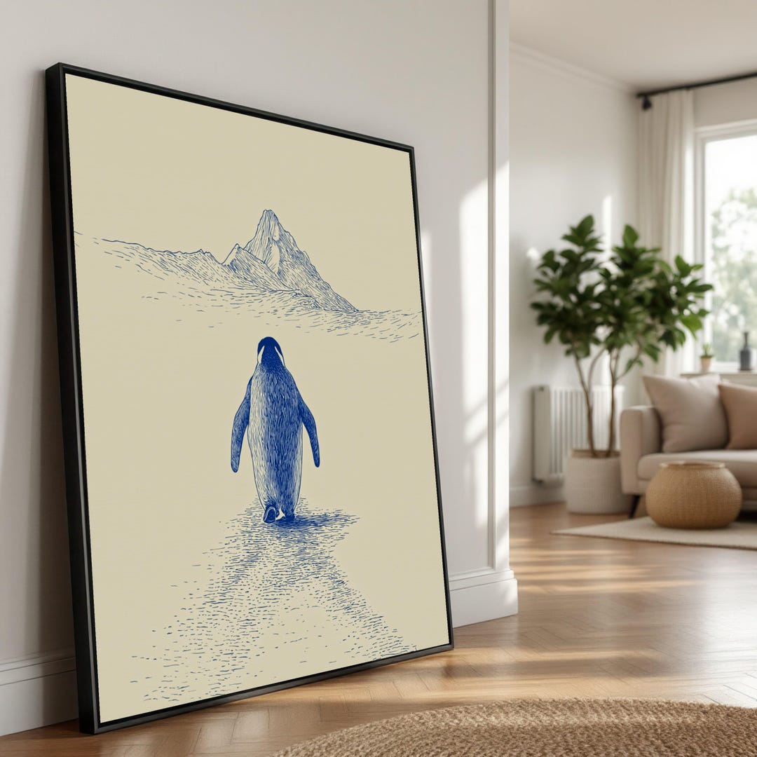 Minimalist Penguin Illustration Canvas, Nihilist Penguin, Blue Line ...