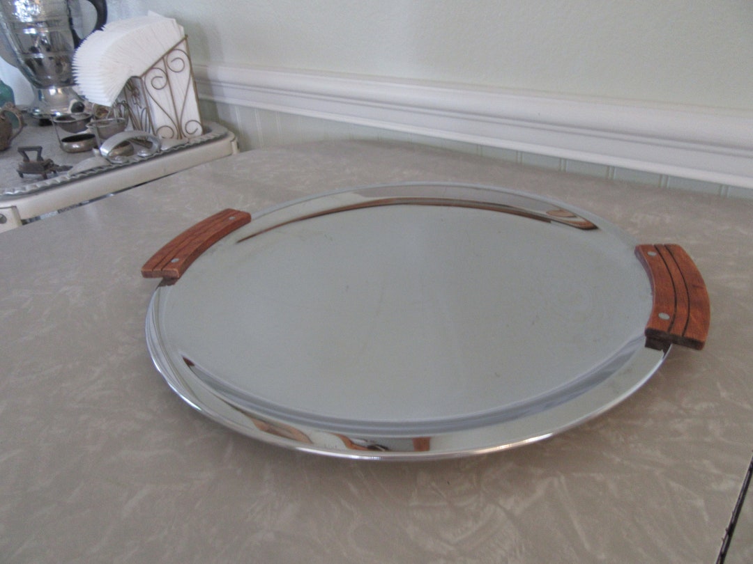 Vintage Kromex Tray With Teak Handles Serving Round Metal Hostess Gift ...