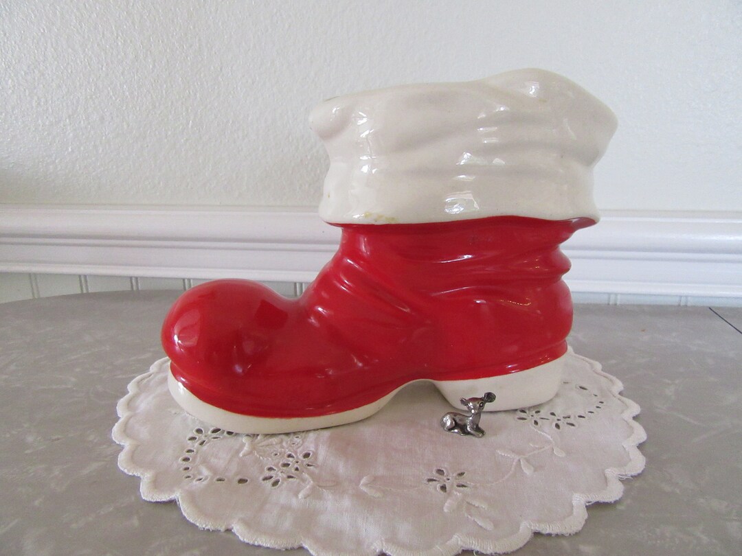 Vintage Ceramic Porcelain Red Santa Claus Open Boot Vase Container ...