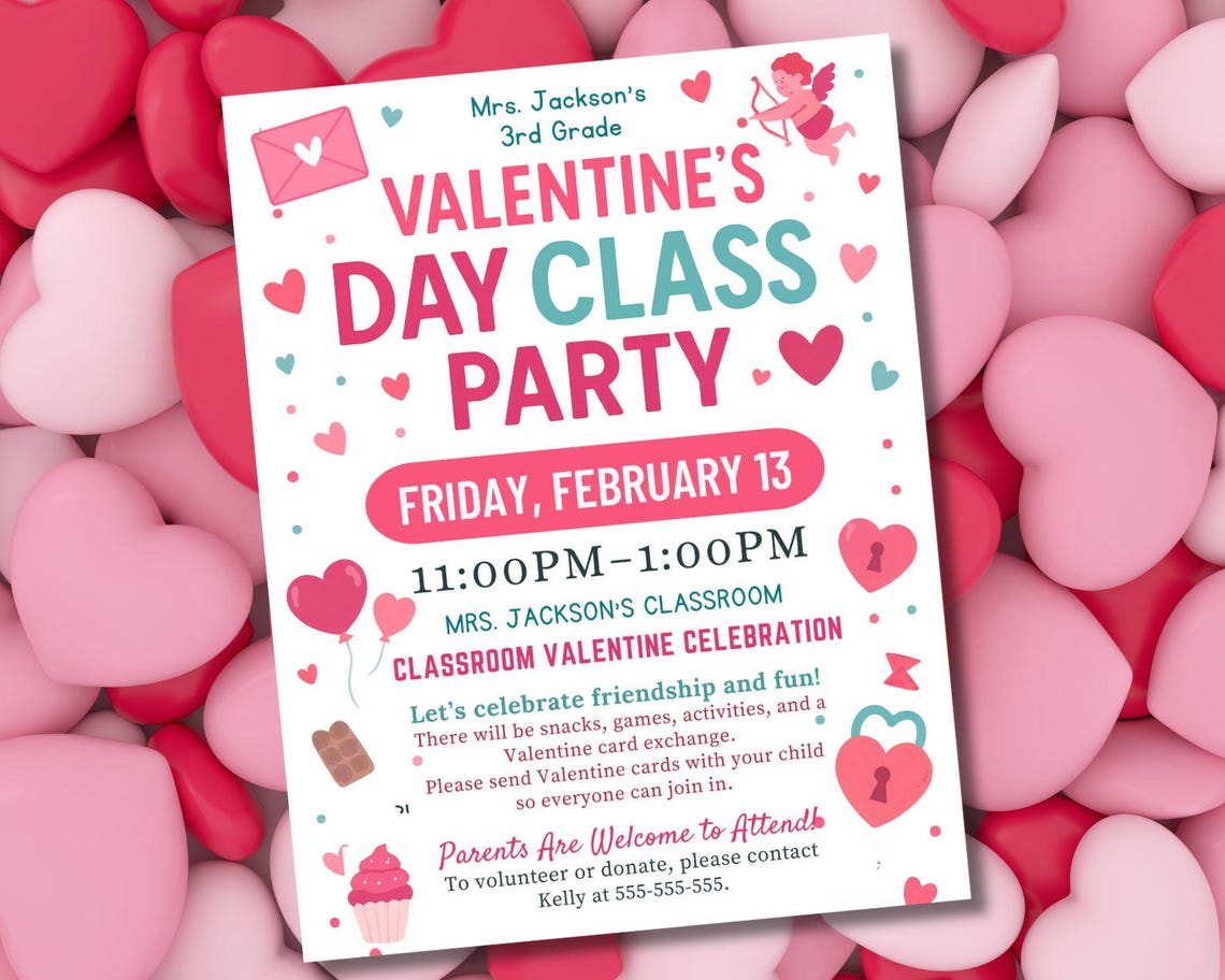 Editable Valentine’s Day Class Party Invite, Elementary School Flyer ...