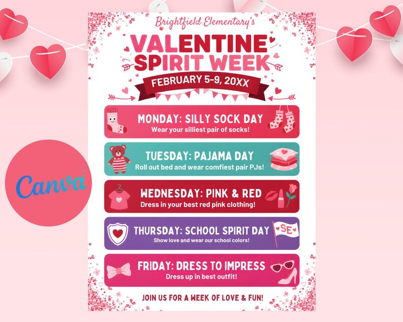Editable Valentines Day Spirit Week Flyer Canva Template, School Spirit ...