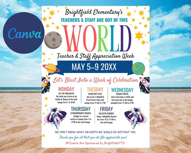 Editable Space Theme Teacher & Staff Appreciation Outer Space Itinerary ...
