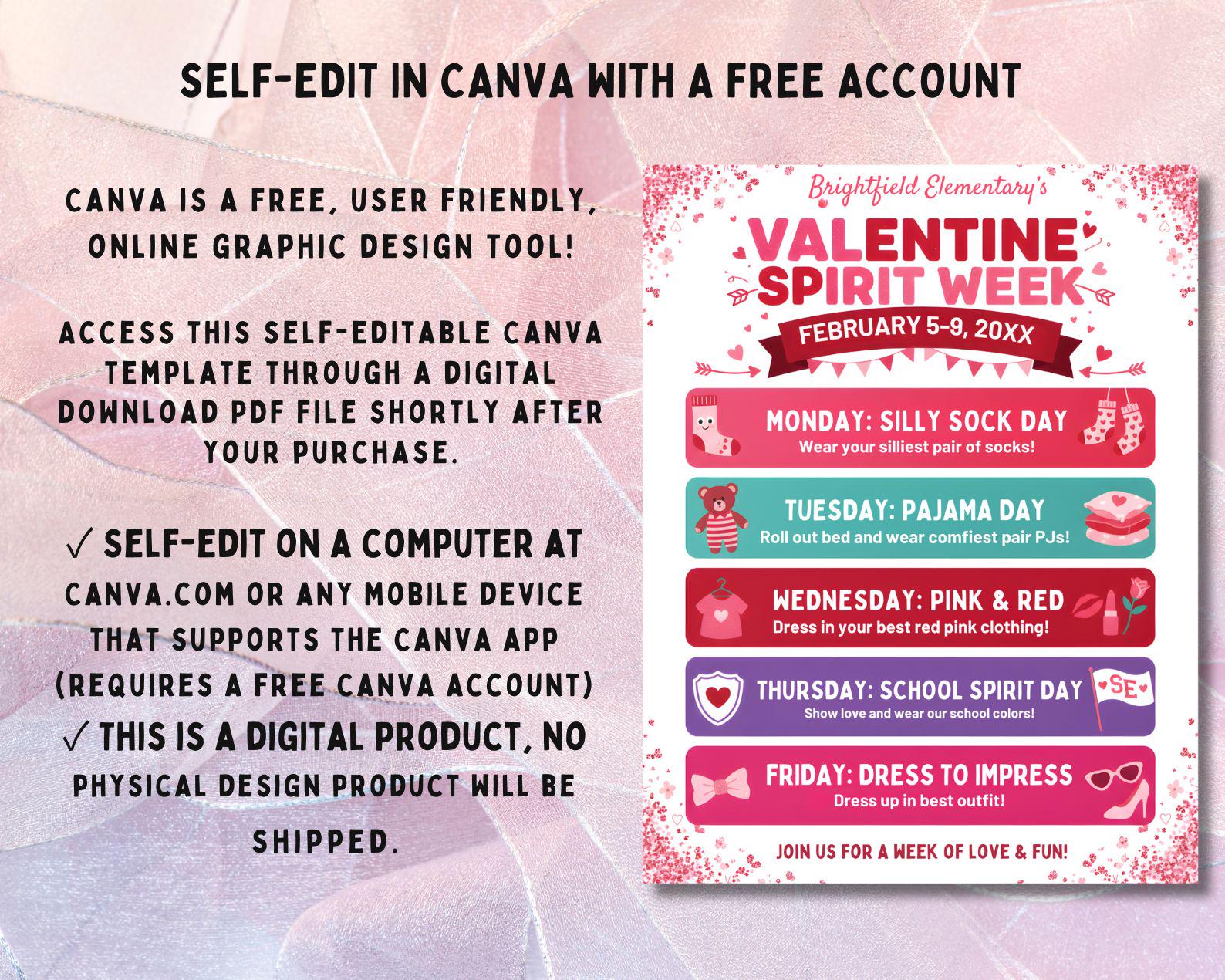 Editable Valentines Day Spirit Week Flyer Canva Template, School Spirit ...